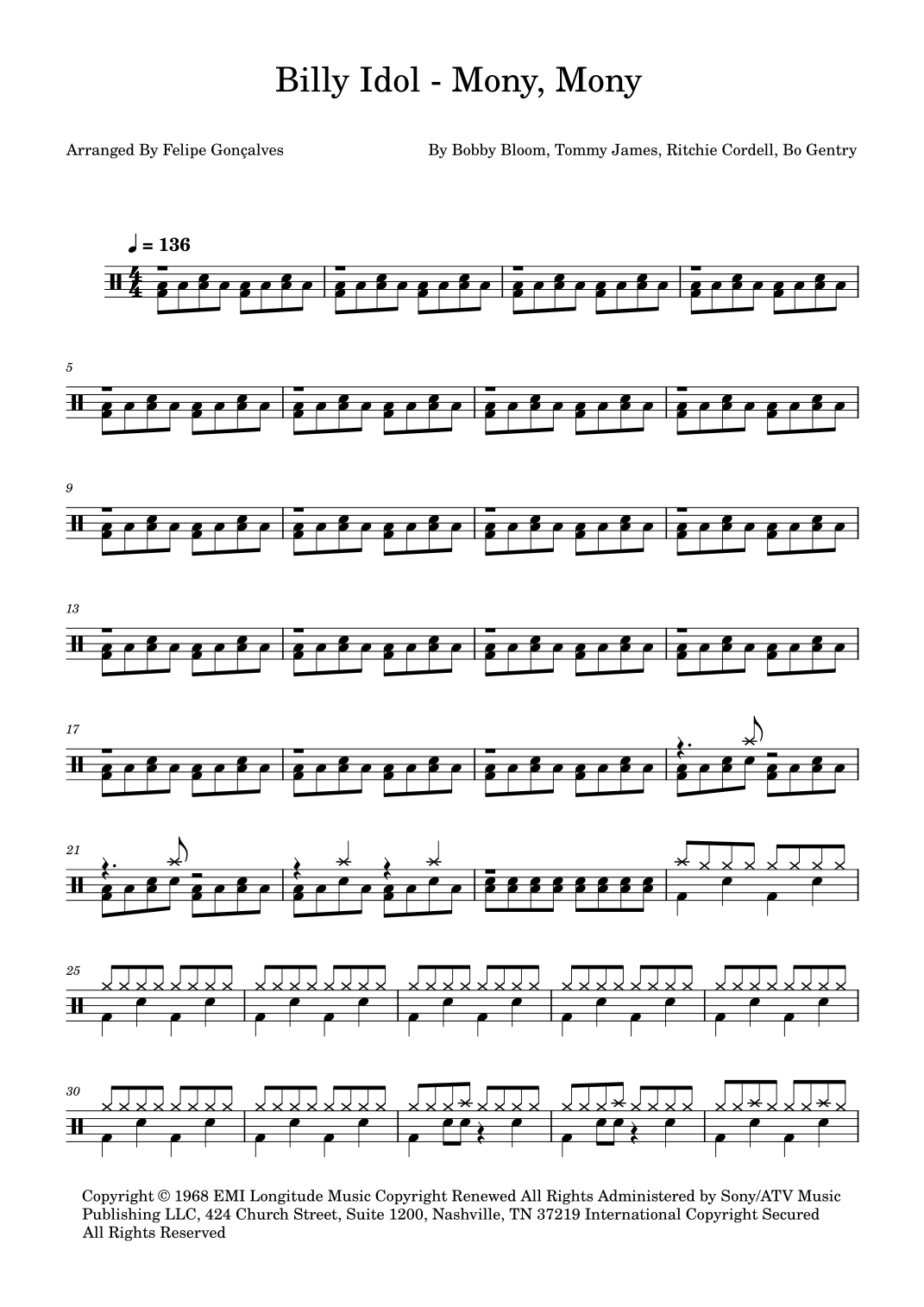 MONY, MONY (ARR. THE NINJA) PAR BILLY IDOL PARTITIONS POUR PERCUSSIONS ...