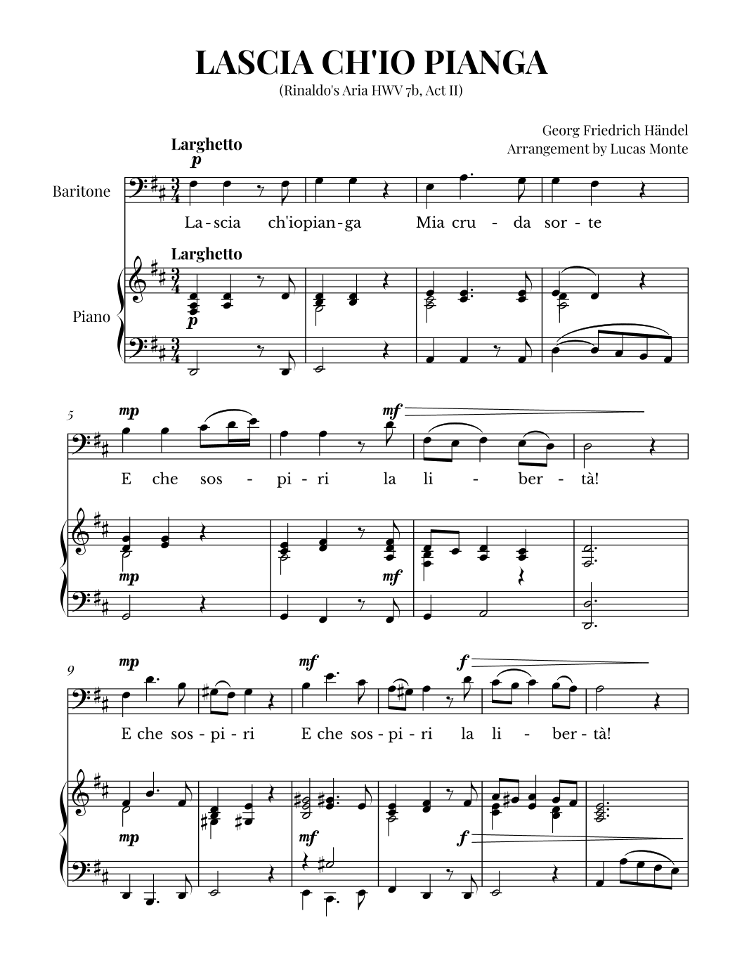 Lascia ch'io pianga in D Major - Piano and baritone (arr. Lucas Monte ...