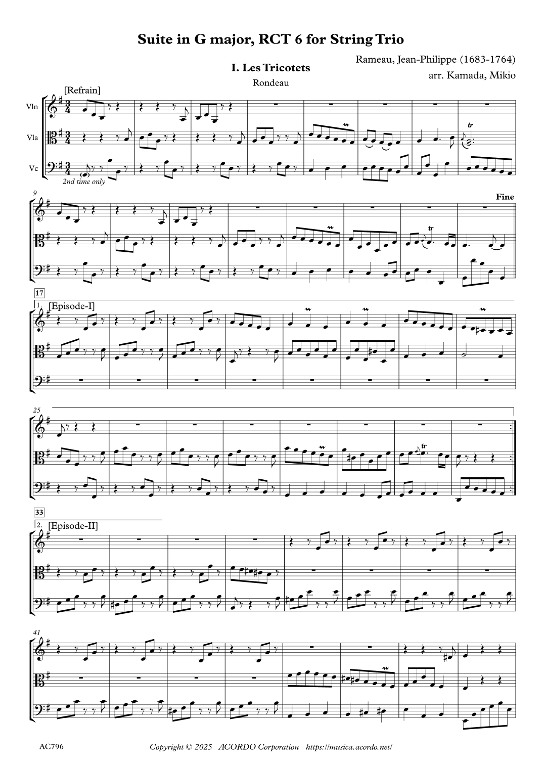 Suite in G major, RCT 6 for String Trio (arr. Kamada, Mikio) by Rameau ...