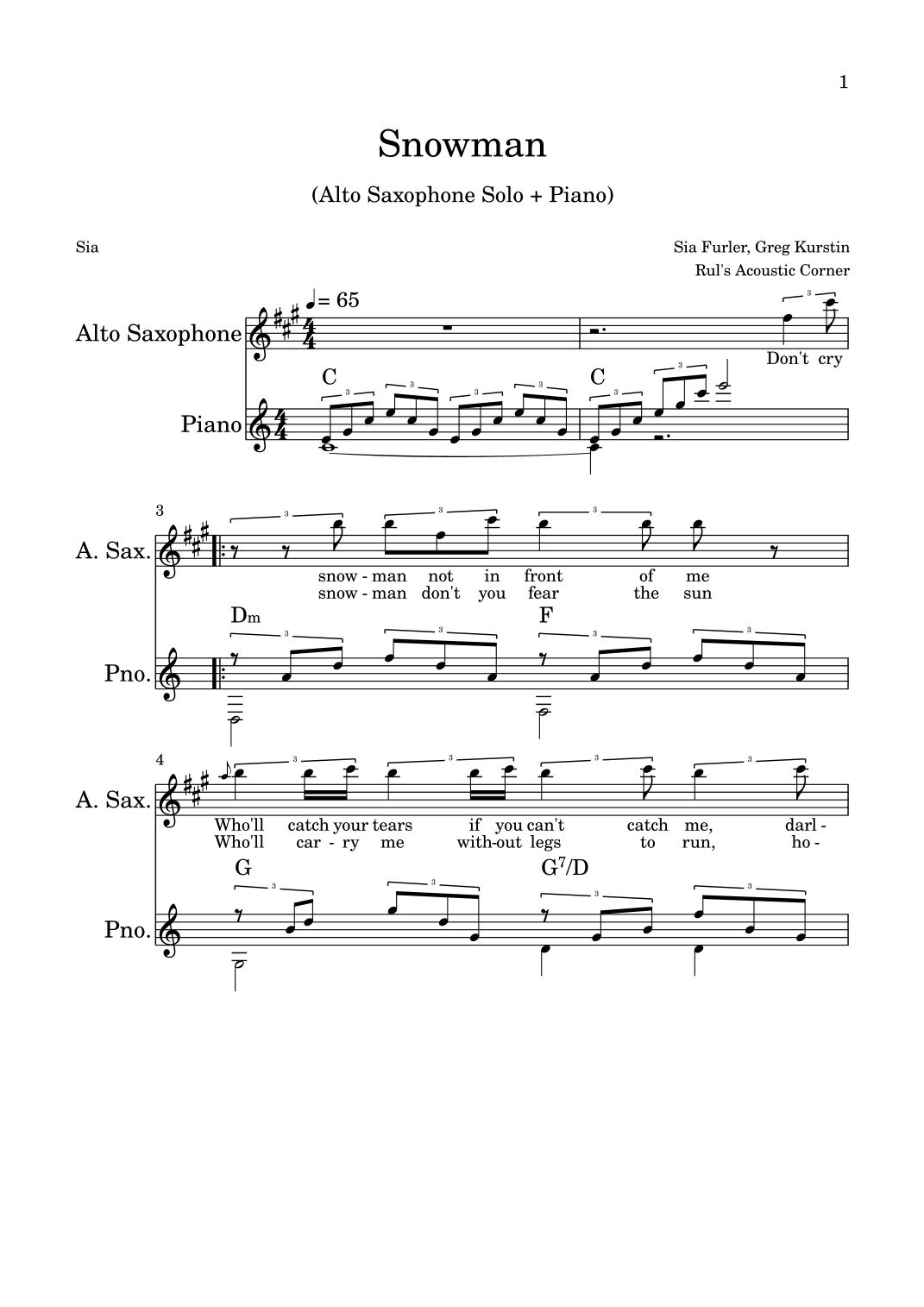 Snowman (arr. Rul's Acoustic Corner) by Sia Sheet Music for Alto Sax ...