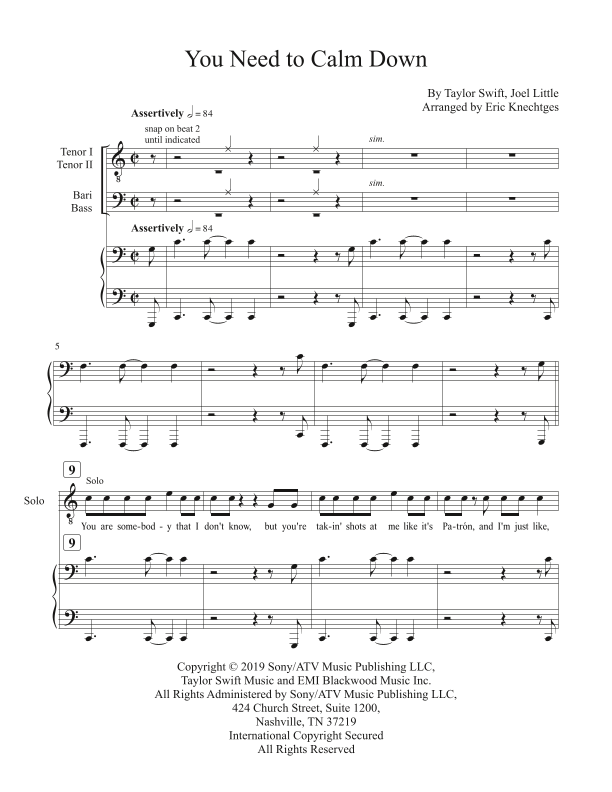 You Need To Calm Down Sheet Music Taylor Swift TTBB Choir