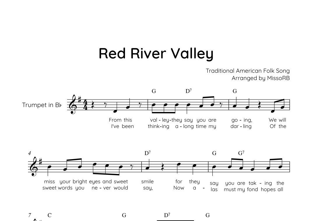 Red River Valley - Trumpet in F With Chords & Lyric - Easy (arr ...
