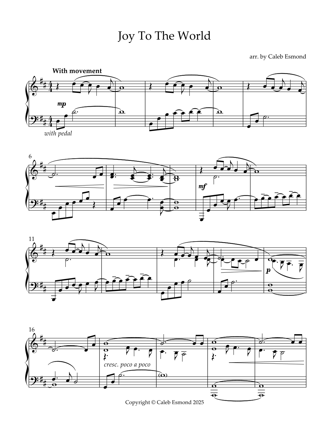 Joy To The World (arr. Caleb Esmond) by Lowell Mason Sheet Music for ...