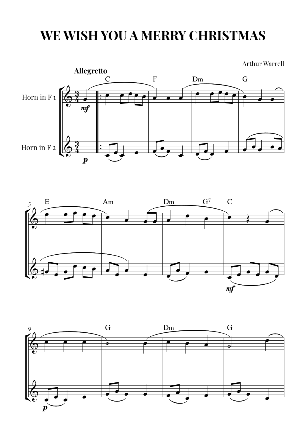We Wish You a Merry Christmas - Easy Horn in F Duet (with Chords) (arr ...