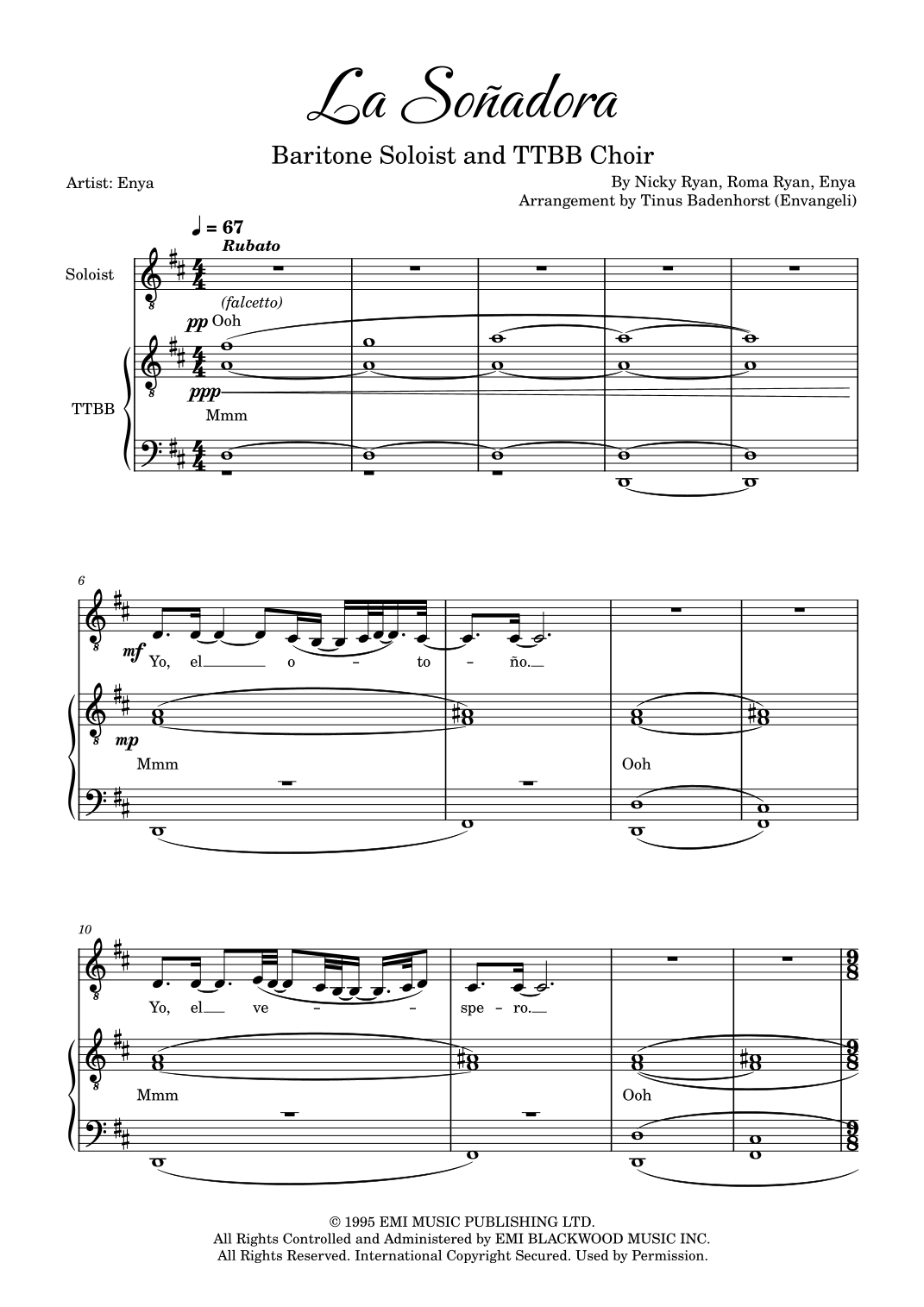 La Sonadora (arr. Tinus Badenhorst) by Enya Sheet Music for TTBB Choir ...