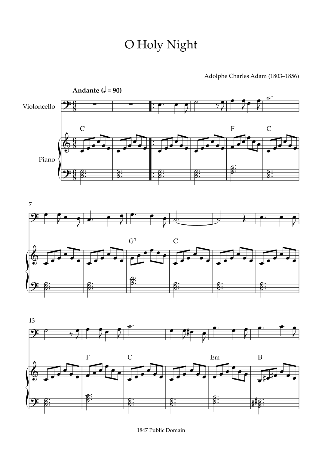 O Holy Night – Cello & Piano (C major, with Chord Symbols) (arr. D. M ...