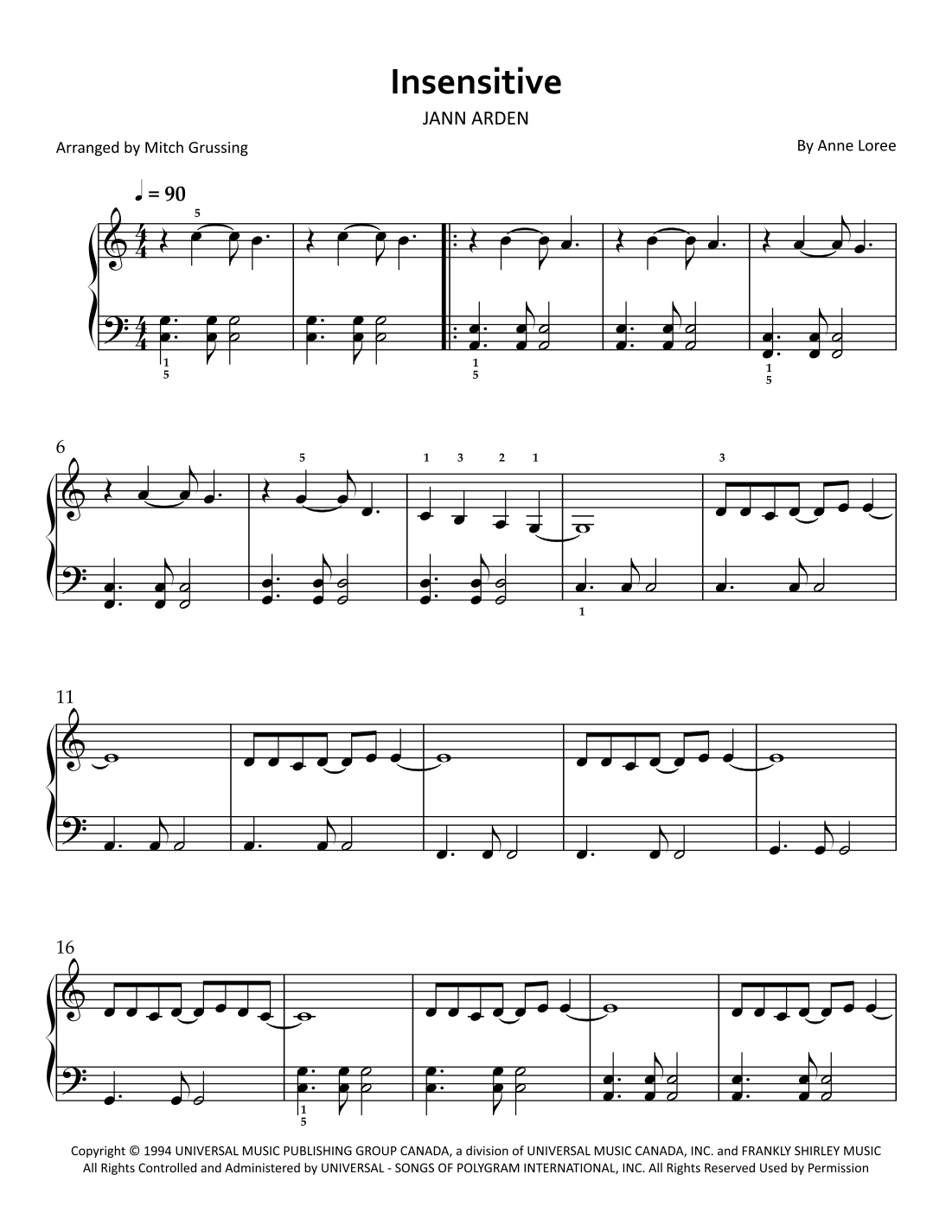 Insensitive (arr. Mitch Grussing) by Jann Arden Sheet Music for Easy ...