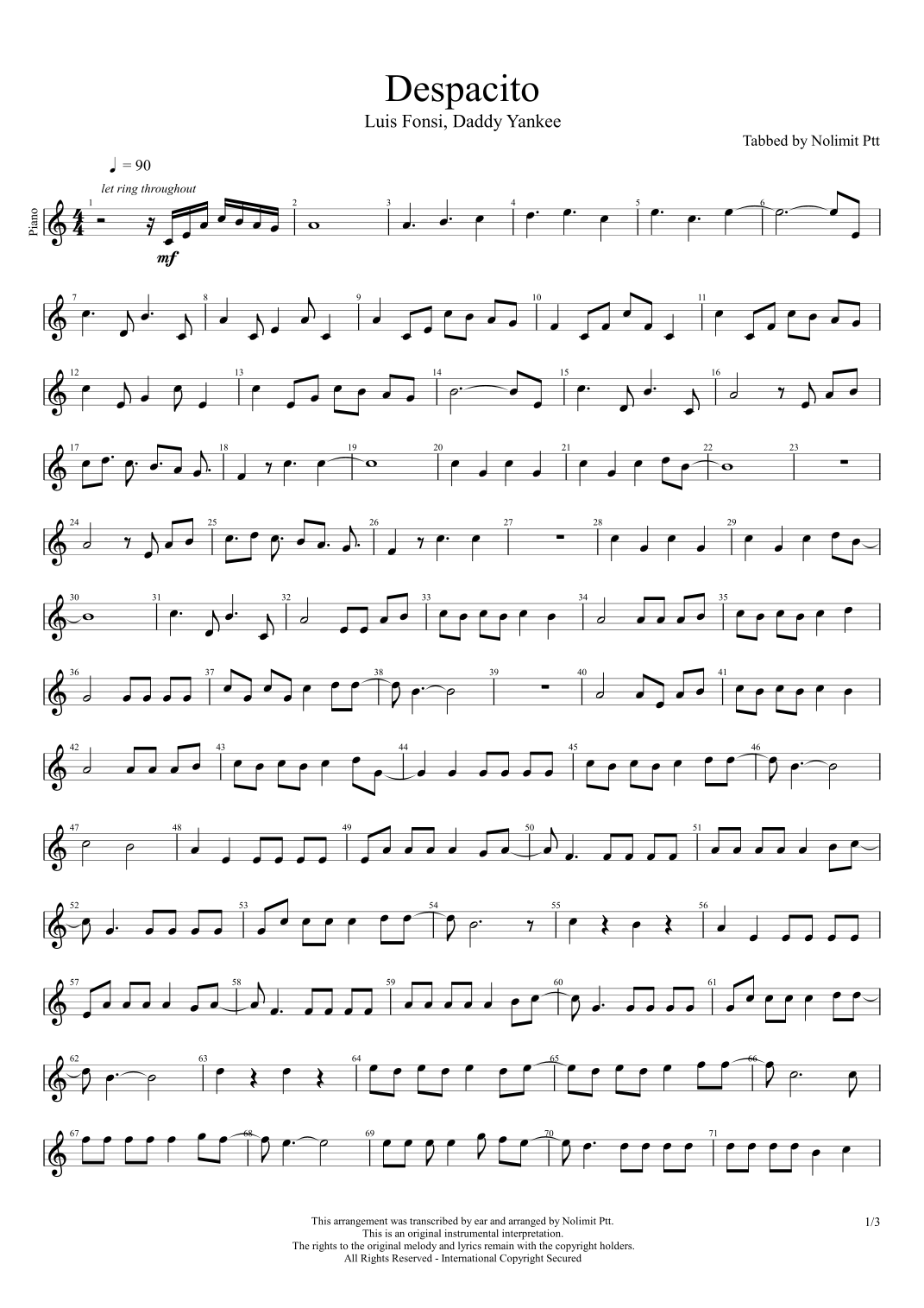 Despacito (arr. Righty) by Lüis Fonsi Sheet Music for Easy Piano at ...