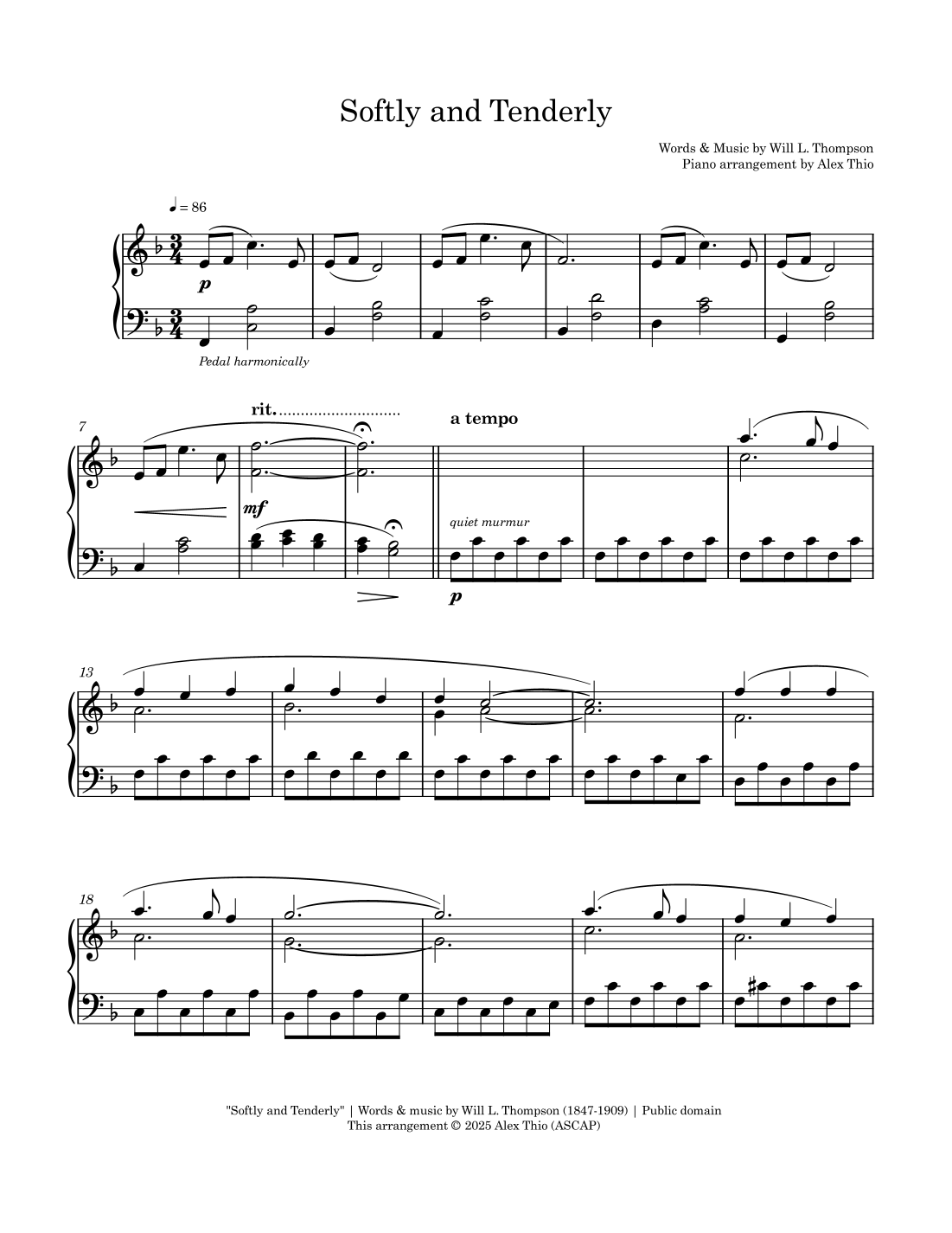 Softly and Tenderly (Jesus is Calling) - Solo Piano (arr. Alex Thio ...