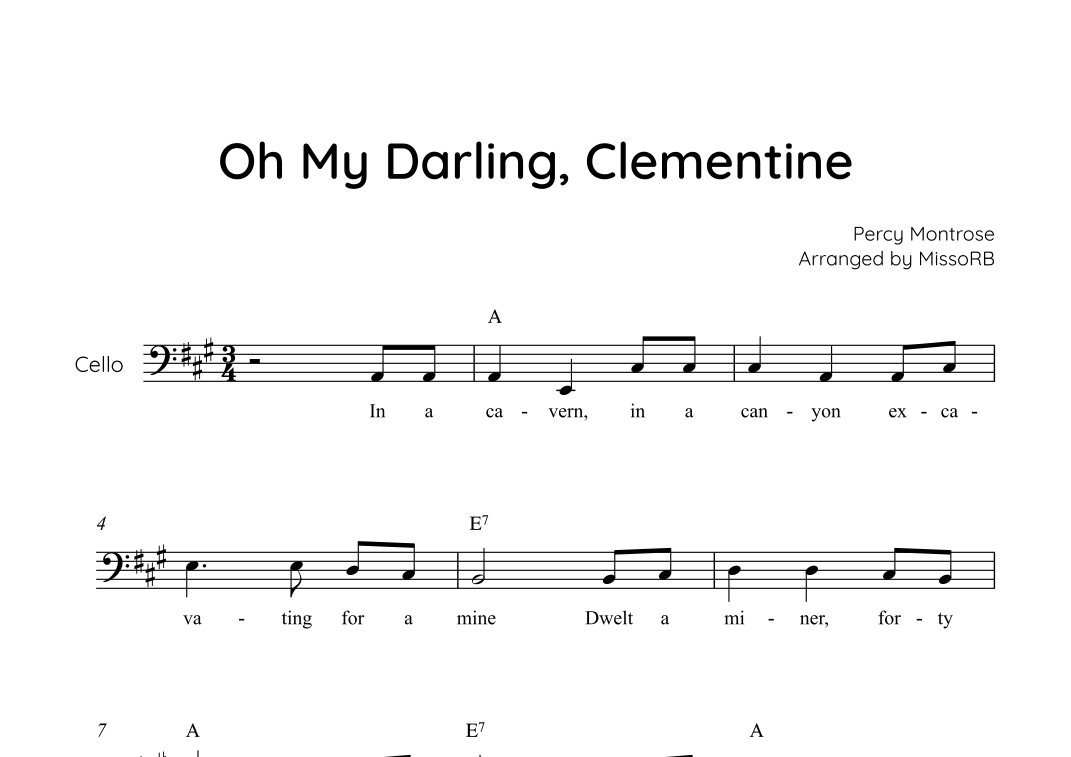 Oh My Darling, Clementine - Cello in A With Chords & Lyric - Easy by ...