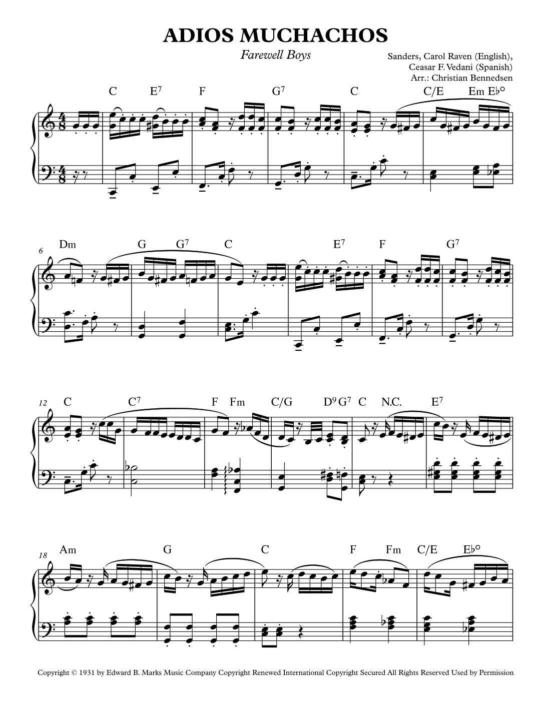 Adios Muchachos (Farewell Boys) (arr. Christian Bennedsen) by Carol ...