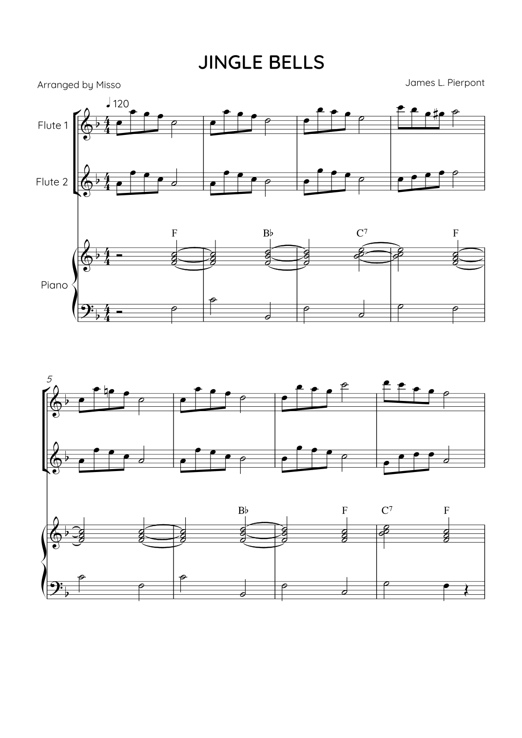 Jingle Bells - Flute Duet & Piano in F Major - Easy With Chords (arr ...