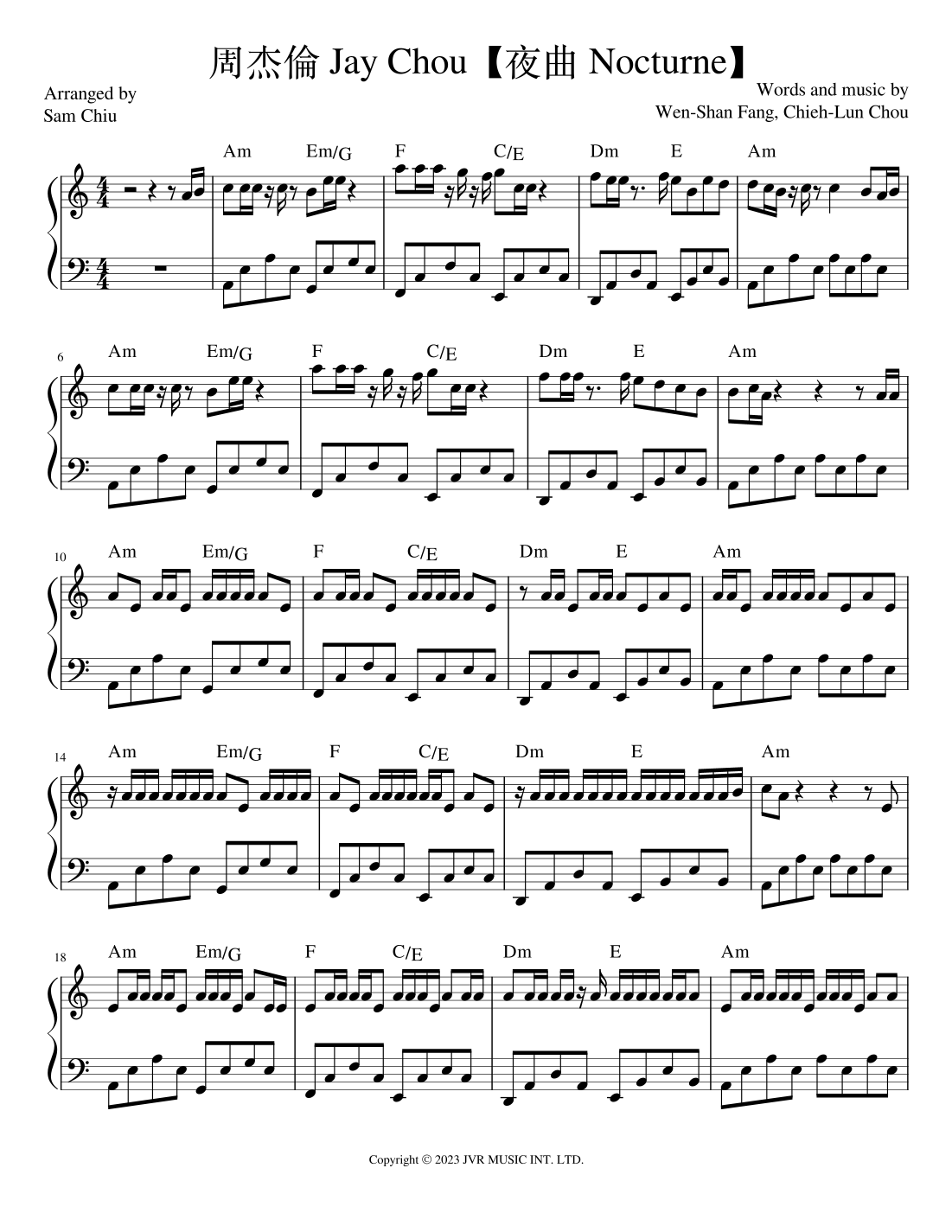 Ye Qu (arr. Sam Chiu) by Chieh-lun Chou Sheet Music for Piano Solo at ...