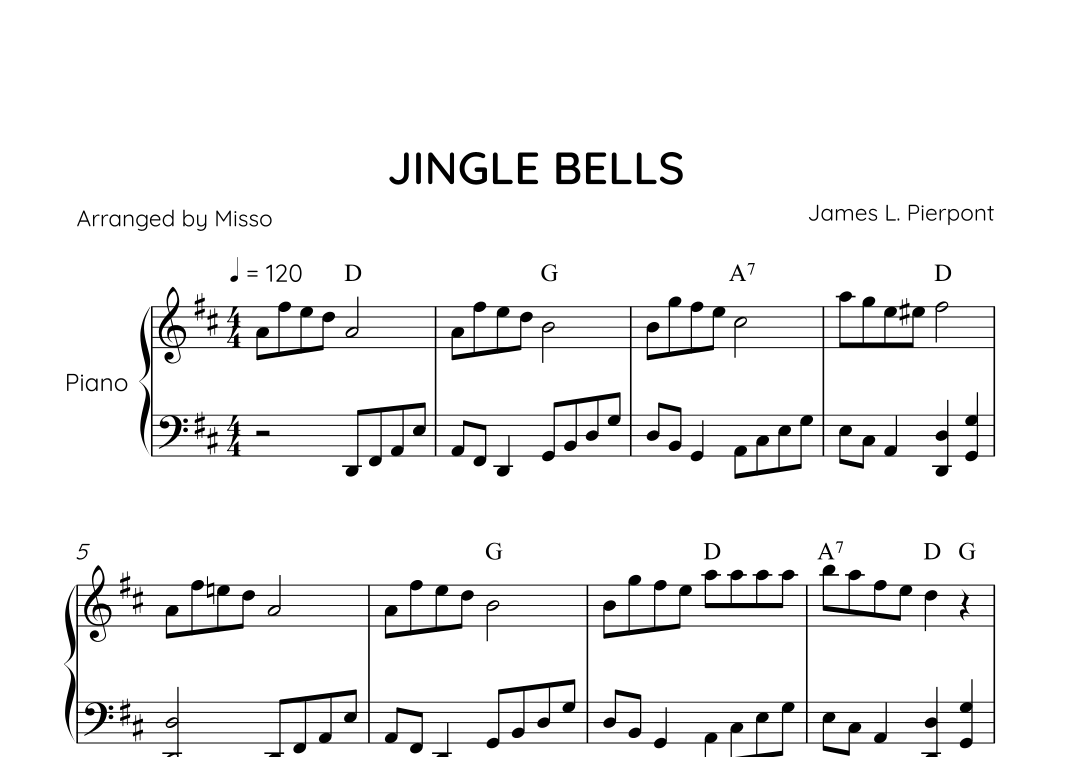 Jingle Bells - Piano in D Major - Intermediate With Chords (arr. MissoRB) by James L. Pierpont ...