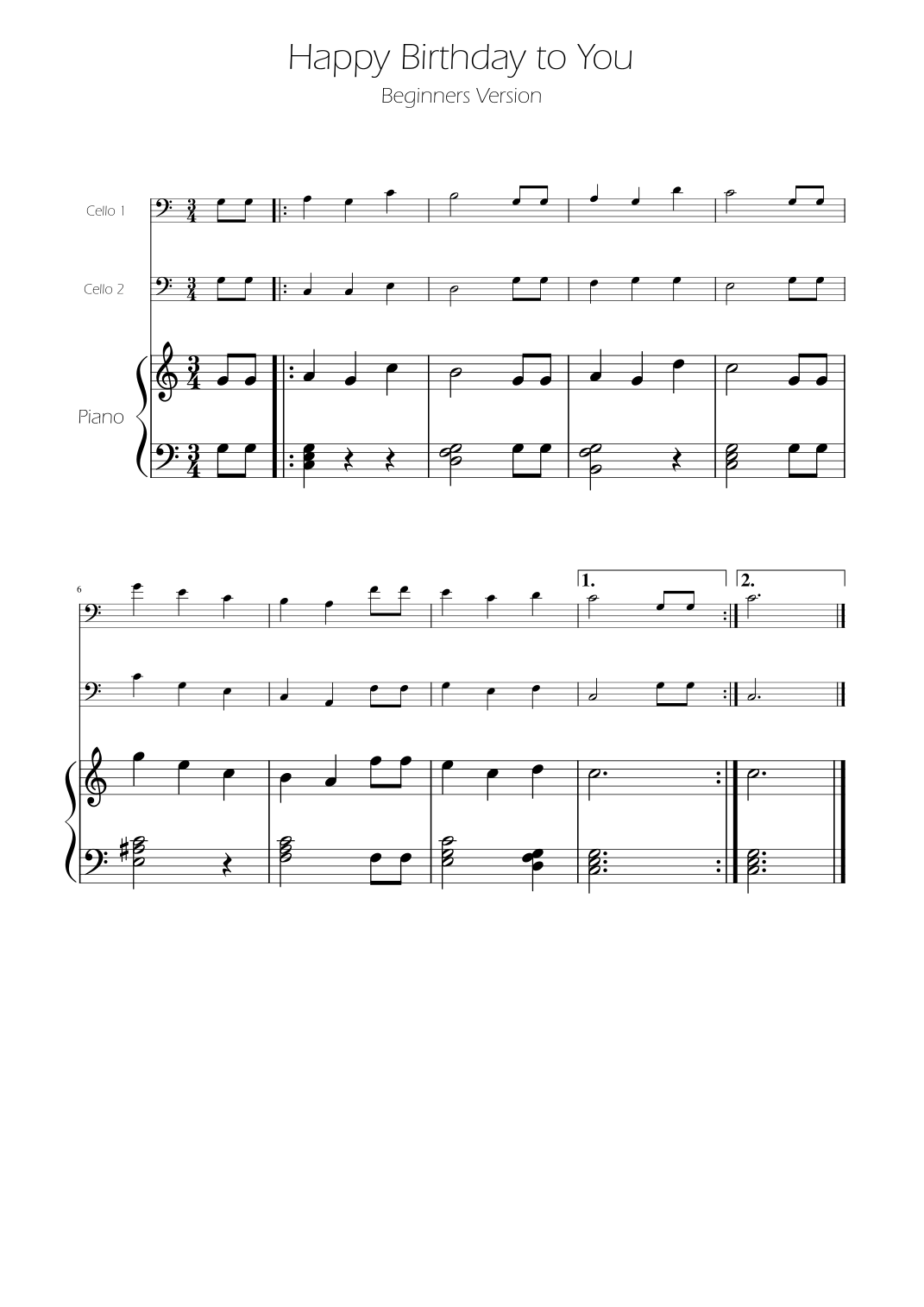 Happy Birthday to You - Cello Duet by Public Domain Sheet Music for ...