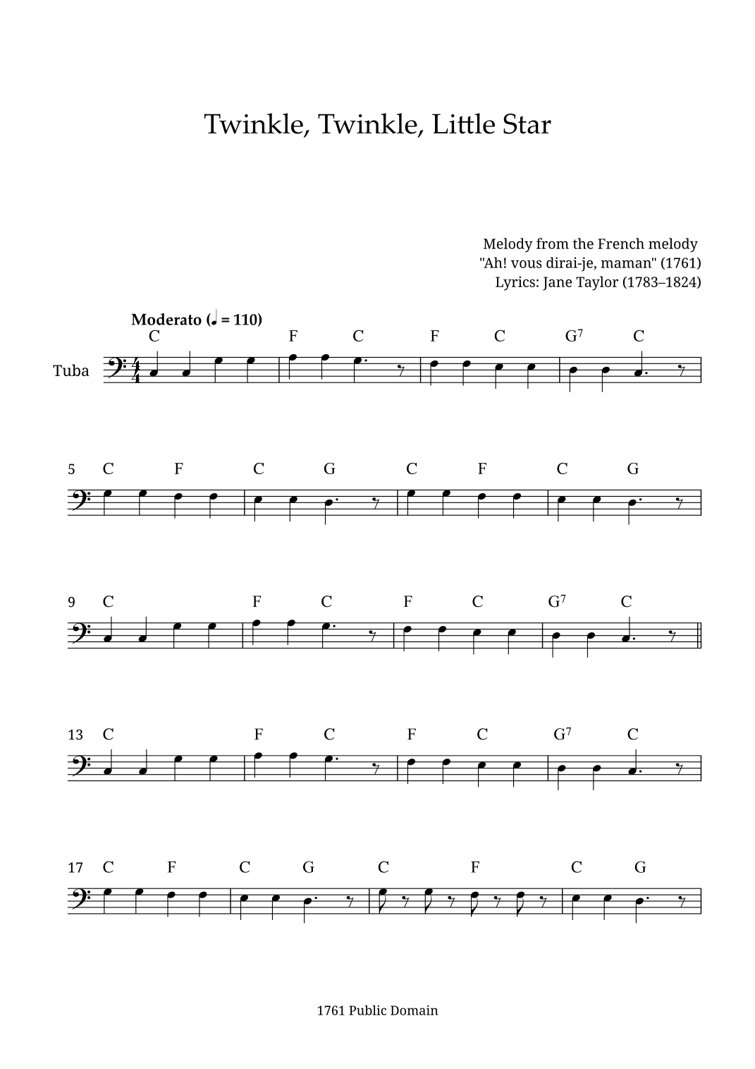 Twinkle, Twinkle, Little Star – Easy Tuba (C major, with Chord Symbols ...