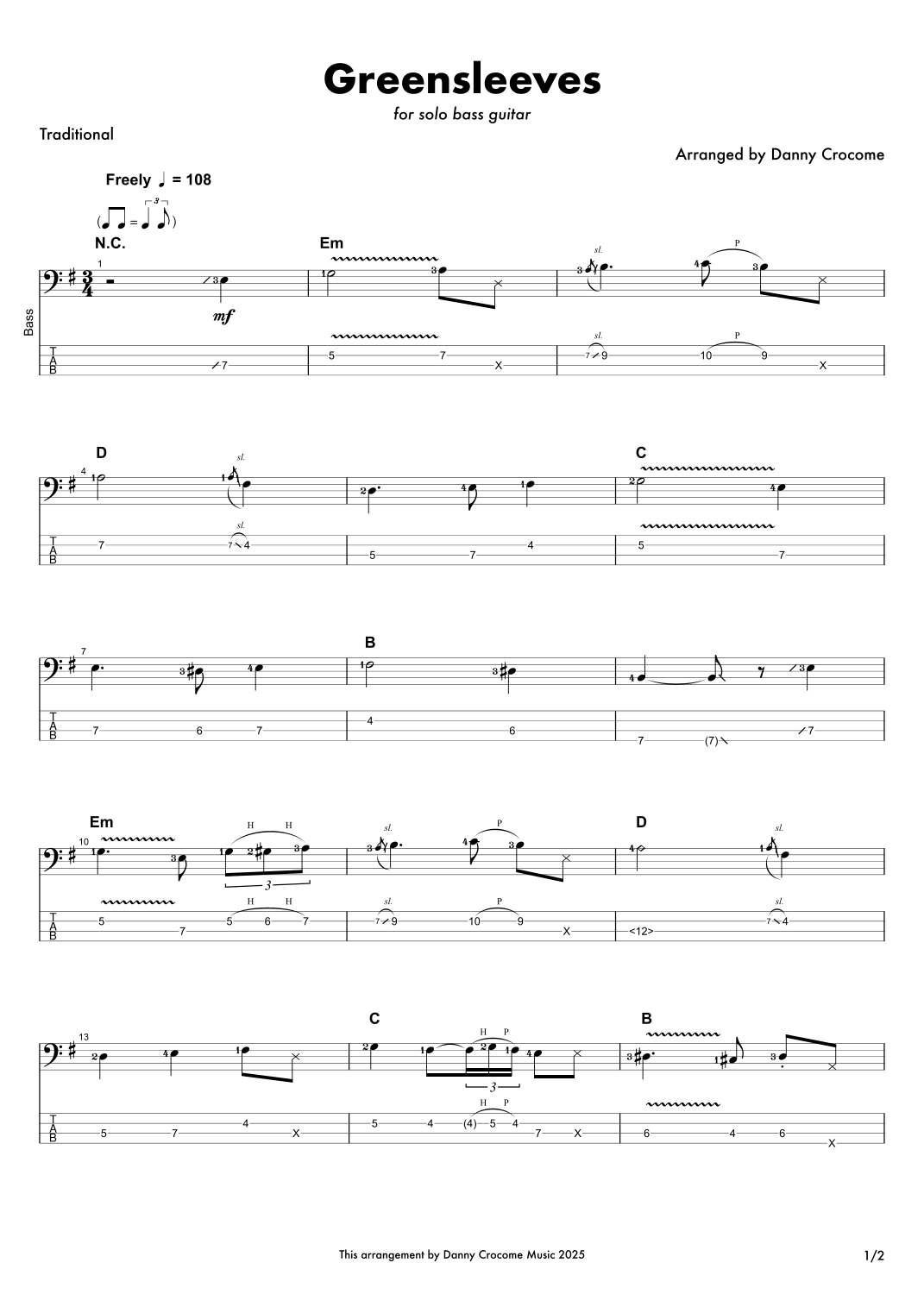 Greensleeves (arr. Danny Crocome) by Traditional Sheet Music for Bass ...