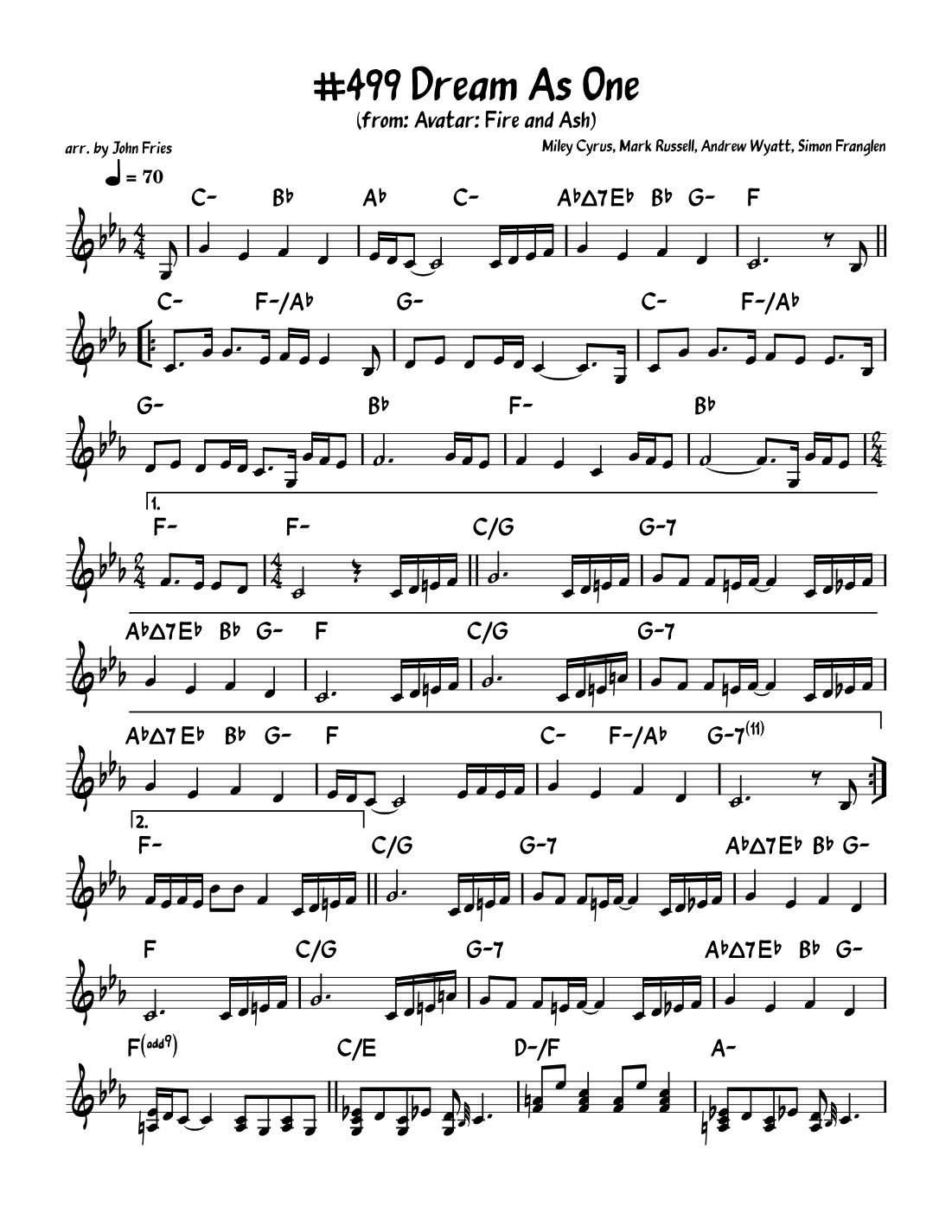 Dream As One by Miley Cyrus Sheet Music for Lead Sheet / Fake Book at ...