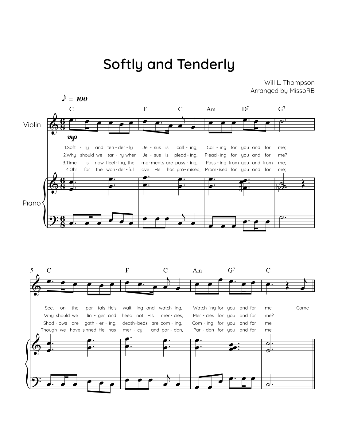 Softly and Tenderly - Violin & Piano in C With Chords & Lyric - Easy ...