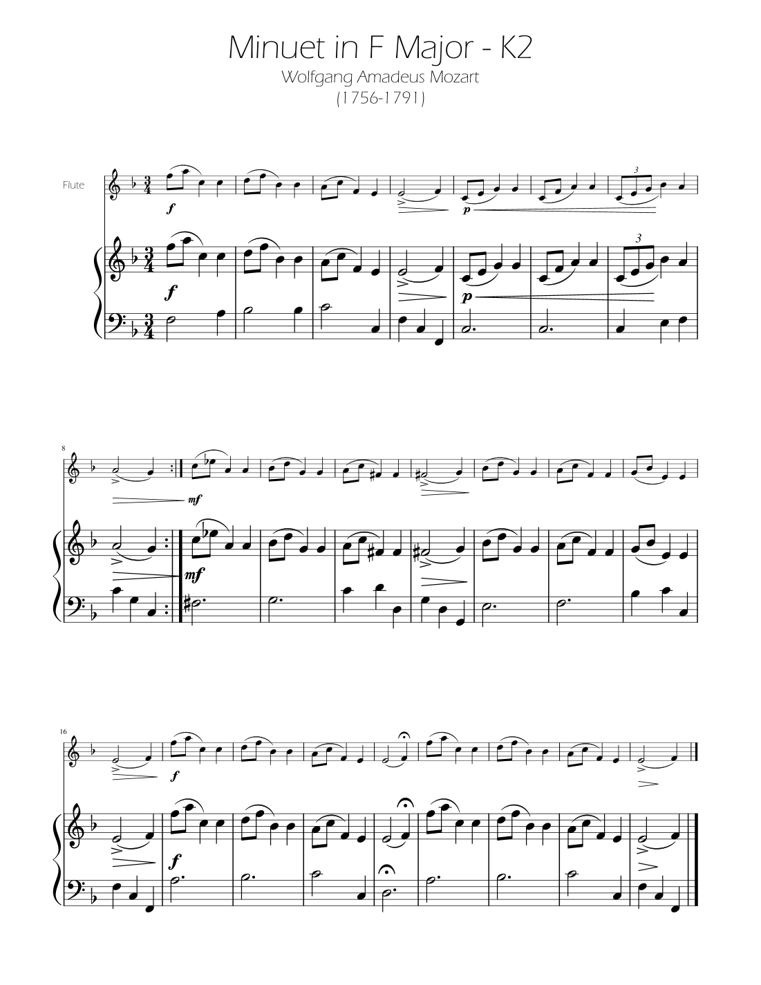 Mozart - Minuet in F Major K2 - Flute Solo w/Piano (arr. Ygor Nunes) by ...