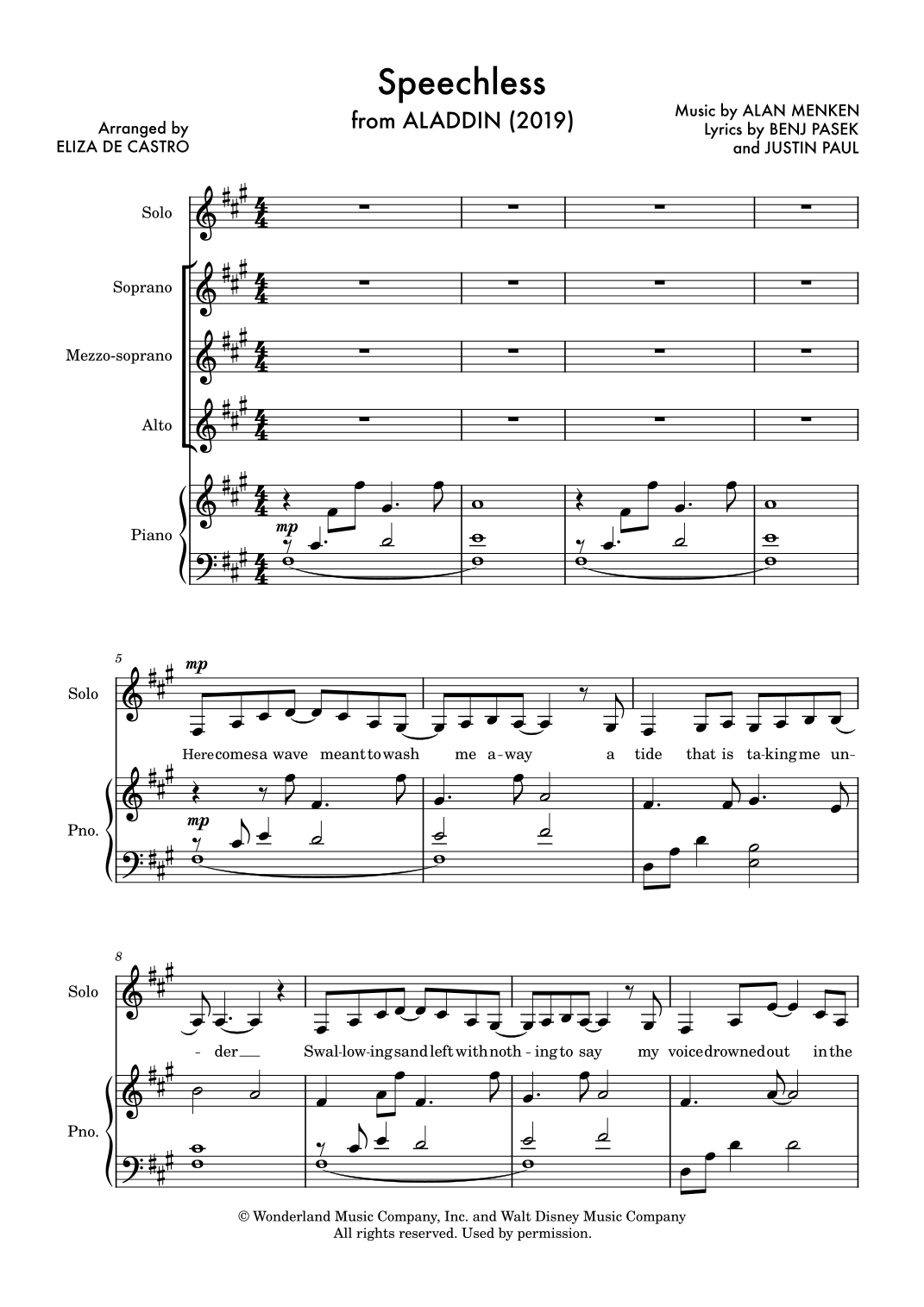 Speechless (arr. Eliza De Castro) by Naomi Scott Sheet Music for SSA ...