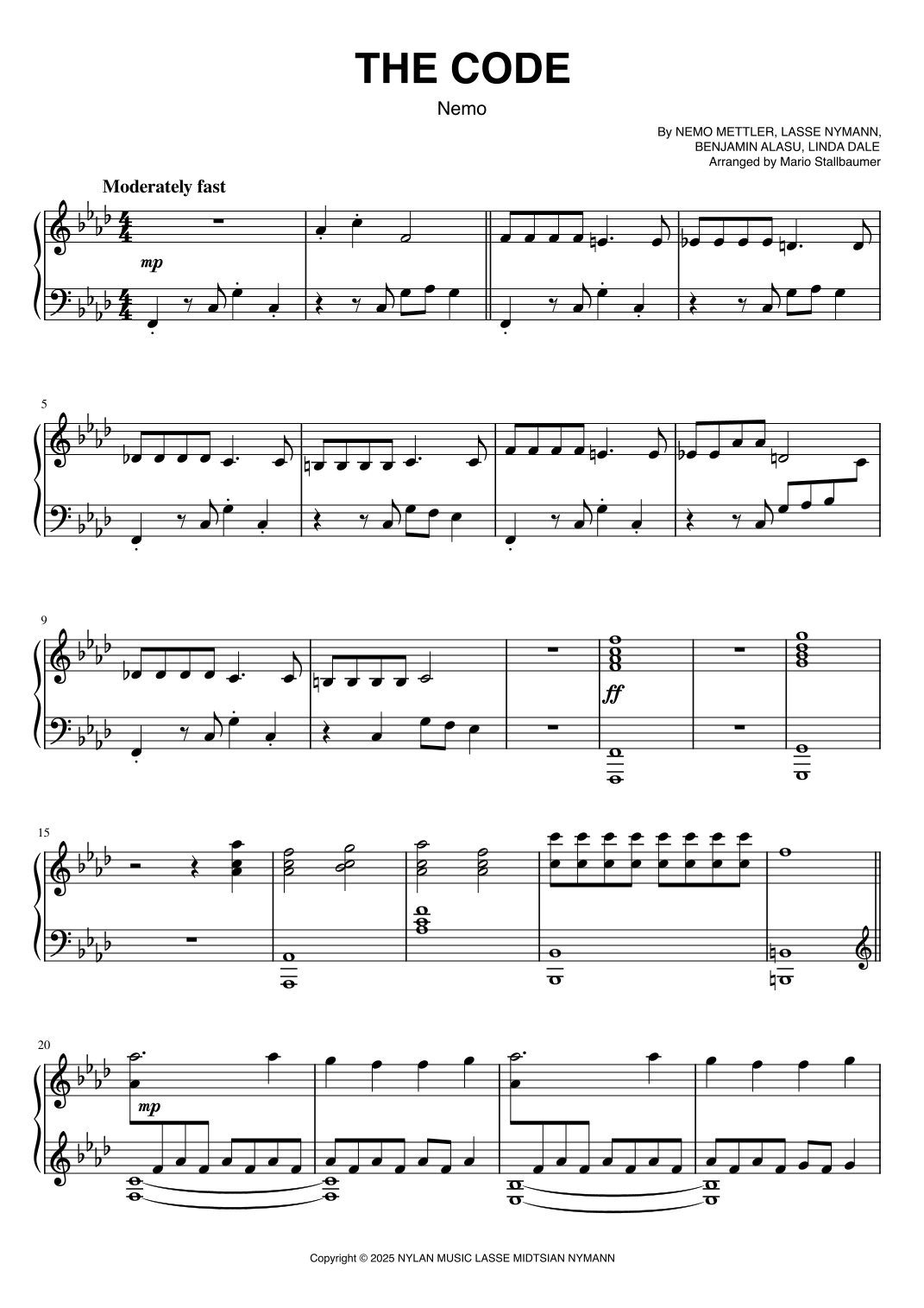 The Code (arr. Mario Stallbaumer) by Nemo Sheet Music for Piano Solo at ...