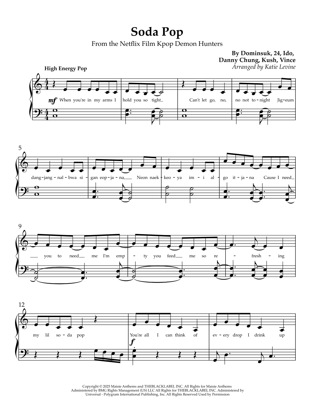 Soda Pop (arr. Katie Levine) by Saja Boys Sheet Music for Easy Piano at Sheet Music Direct