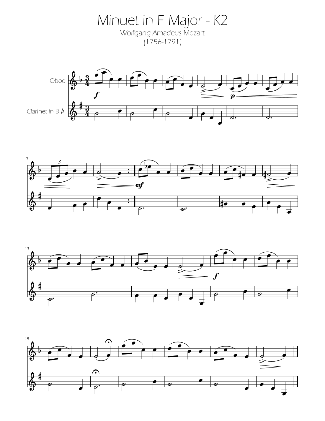 Mozart - Minuet in F Major K2 - Oboe and Clarinet Duet (arr. Ygor Nunes ...