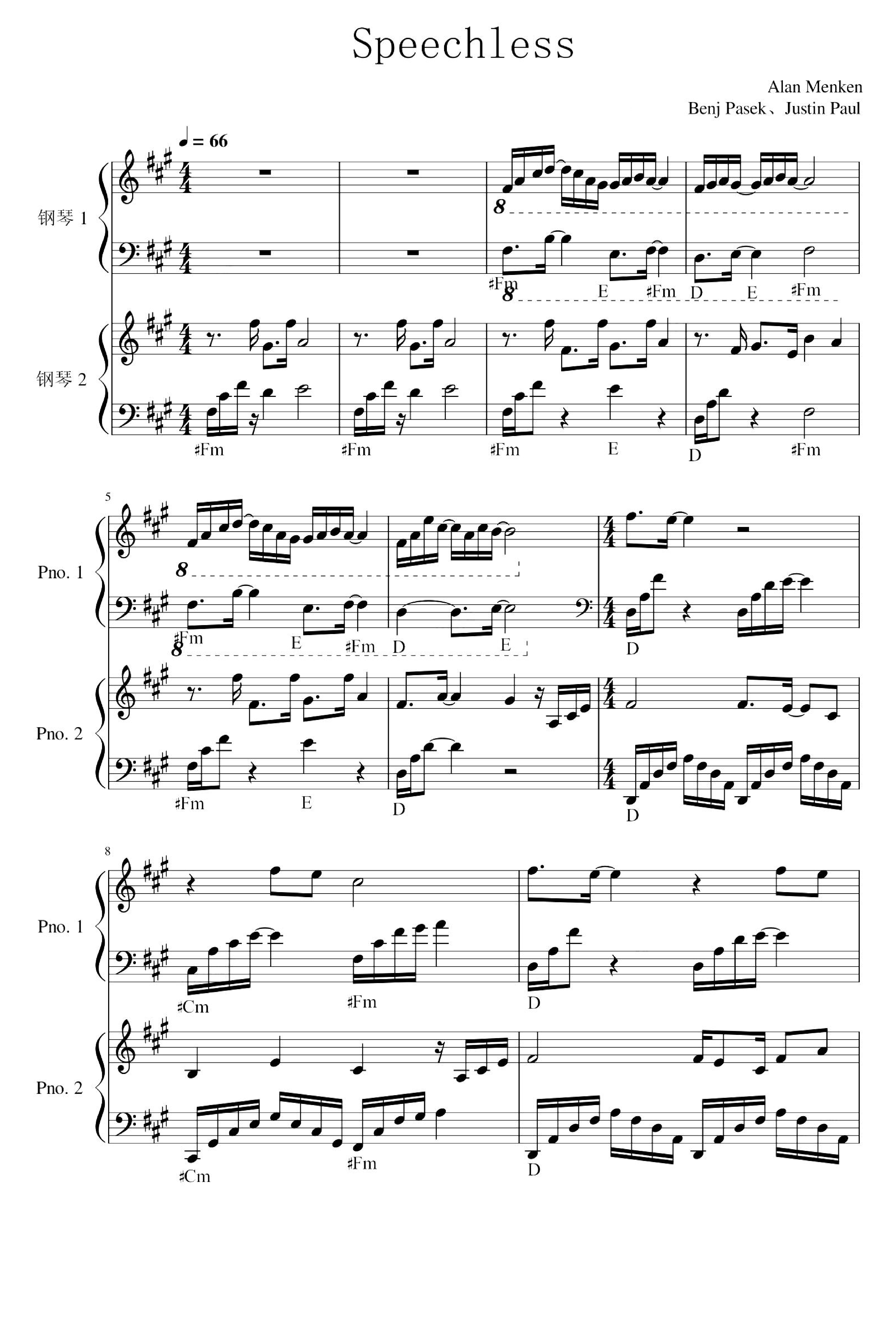 Speechless (arr. Naomi Scott) by Naomi Scott Sheet Music for Piano Duet ...