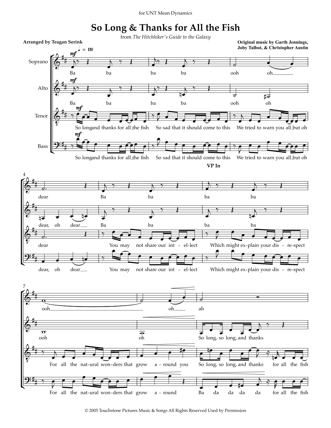 So Long And Thanks For All The Fish (arr. Teagan Serink) by Joby Talbot ...