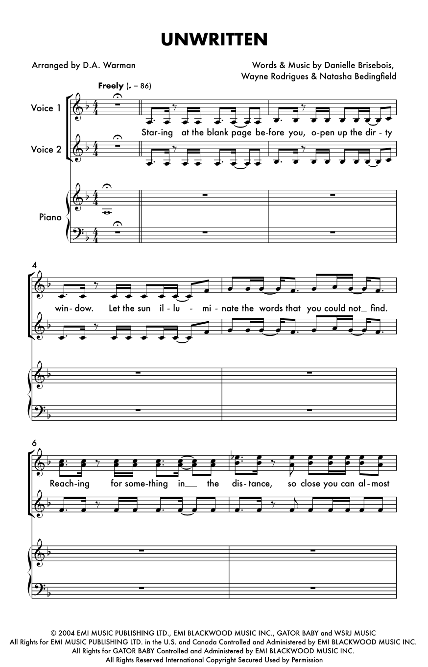 Unwritten (arr. D.A. Warman) by Natasha Bedingfield Sheet Music for 2 ...