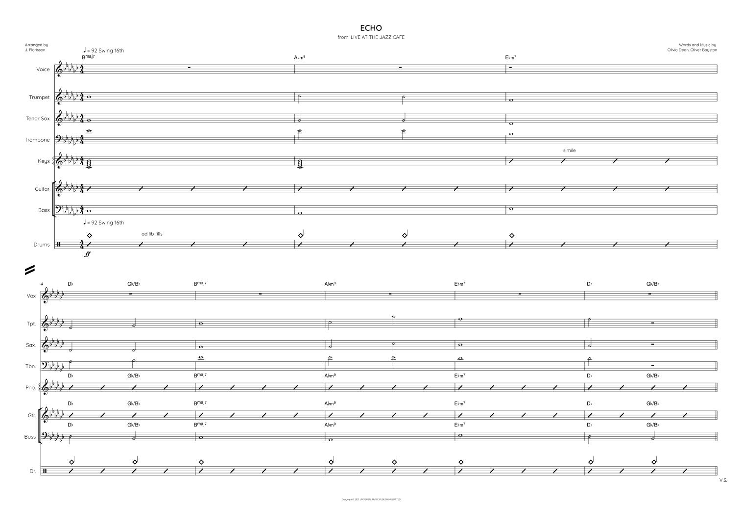 Echo (arr. Justin Florisson) by Olivia Dean Sheet Music for Performance ...