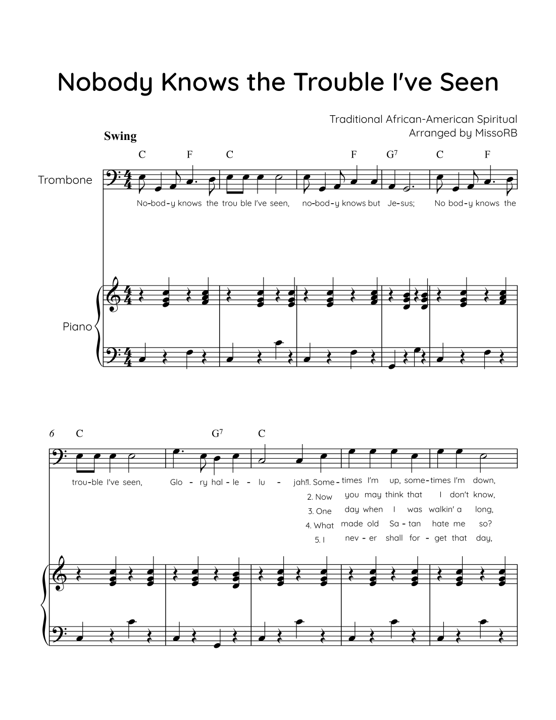Nobody Knows the Trouble I've Seen - Trombone & Piano in C With Chords ...