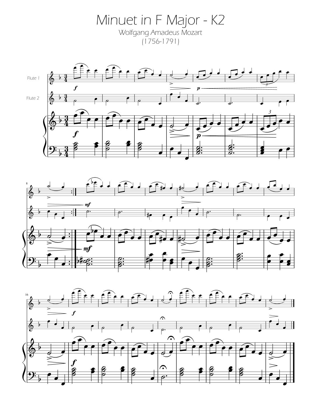 Mozart - Minuet in F Major K2 - Flute Duet (arr. Ygor Nunes) by Mozart ...