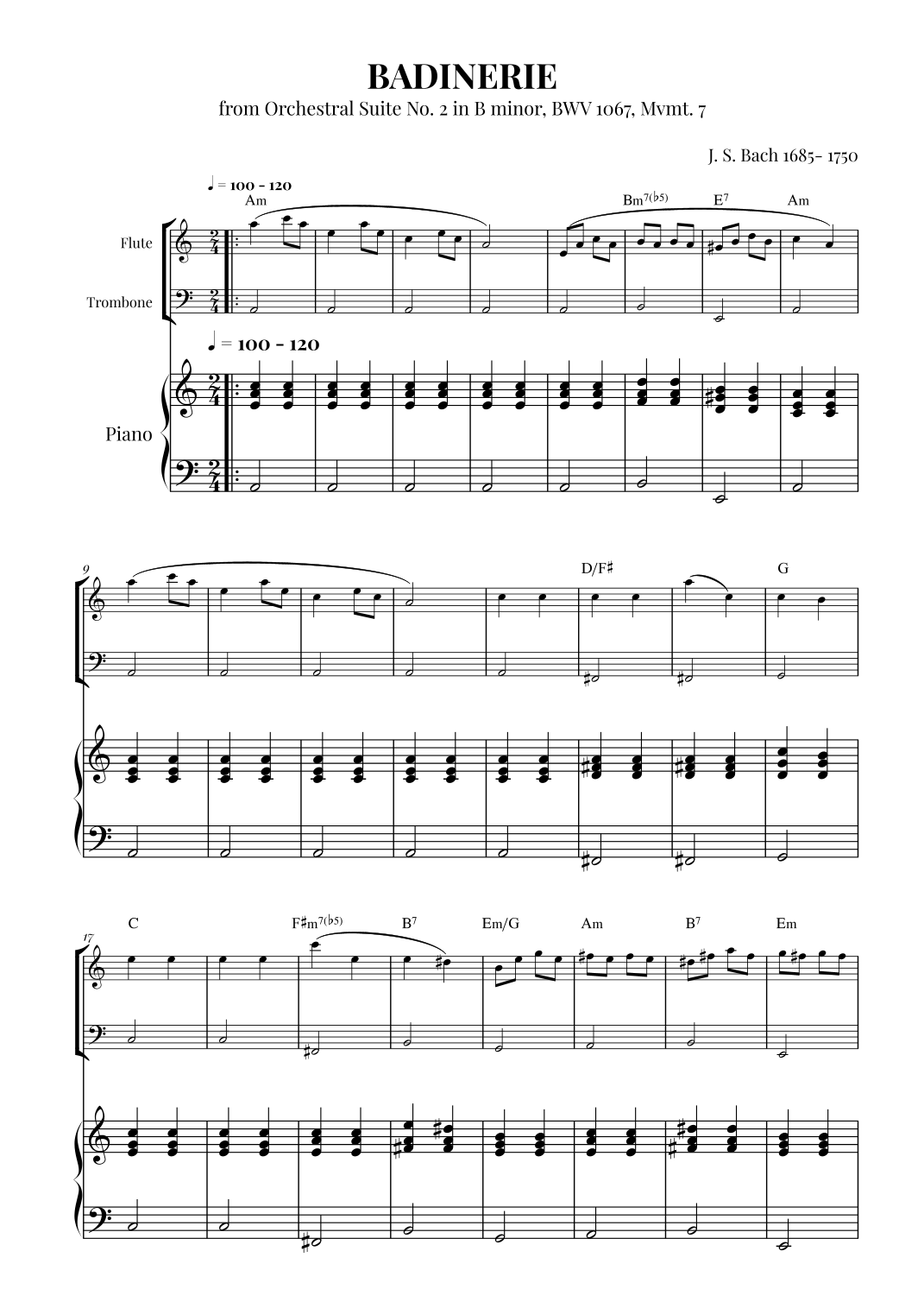 Badinerie (BWV 1067) - Easy Flute, Trombone and Piano (with Chords ...