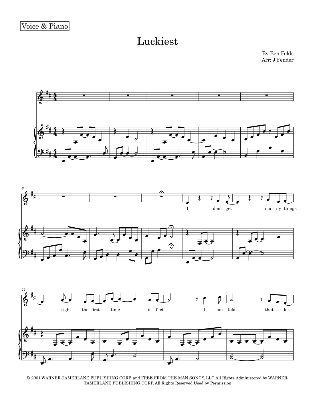 The Luckiest (arr. Jerremy Fender) by Ben Folds Sheet Music for Piano ...