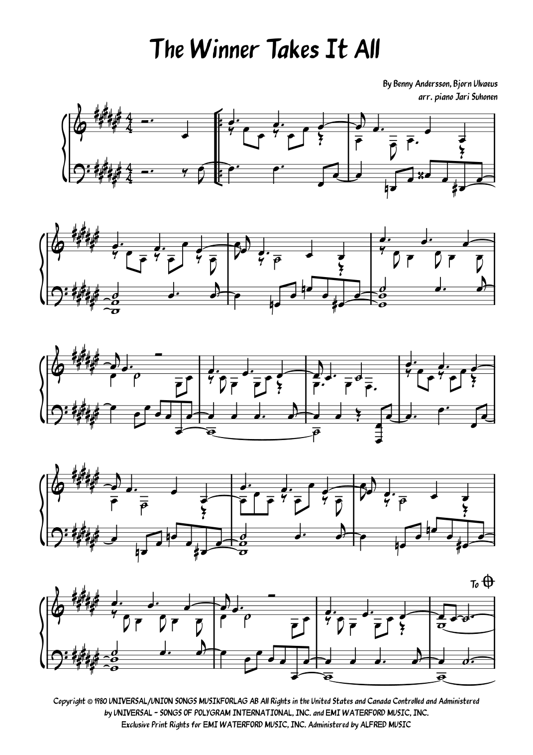 The Winner Takes It All (arr. Jari Suhonen) by ABBA Sheet Music for ...