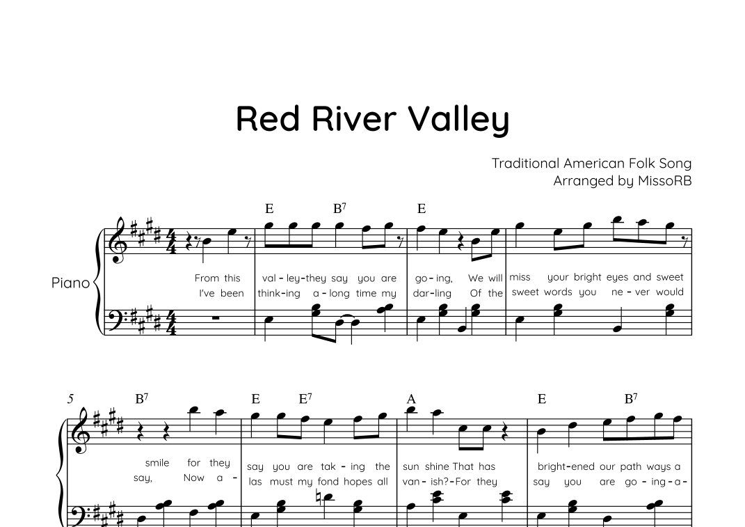 Red River Valley - Piano in E With Chords & Lyric - Easy (arr. MissoRB ...