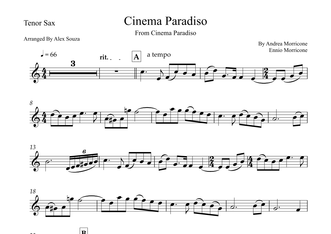 Cinema Paradiso (arr. Alex Souza) by Lang Lang Sheet Music for Tenor ...