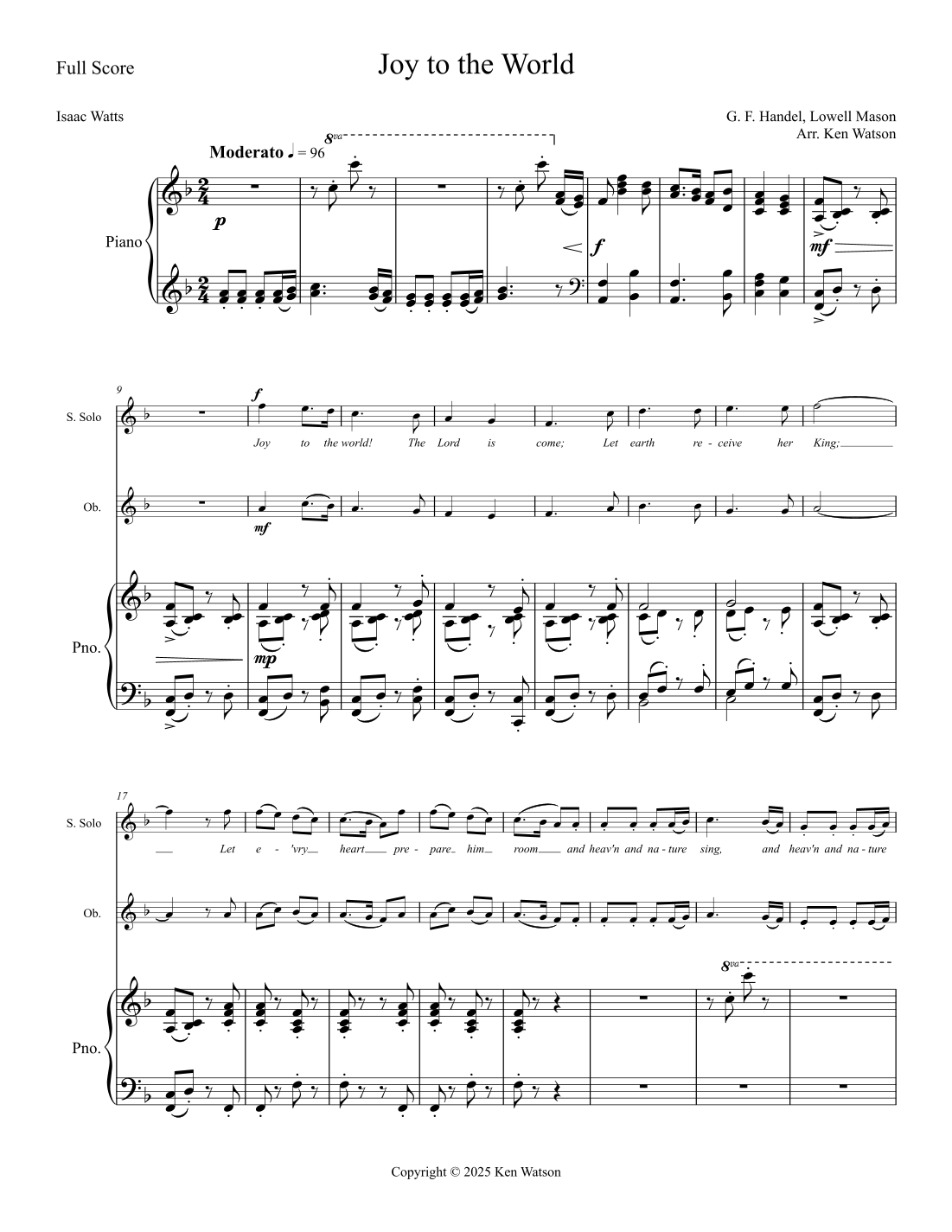 Joy to the World (arr. Ken Watson) by Lowell Mason Sheet Music for ...
