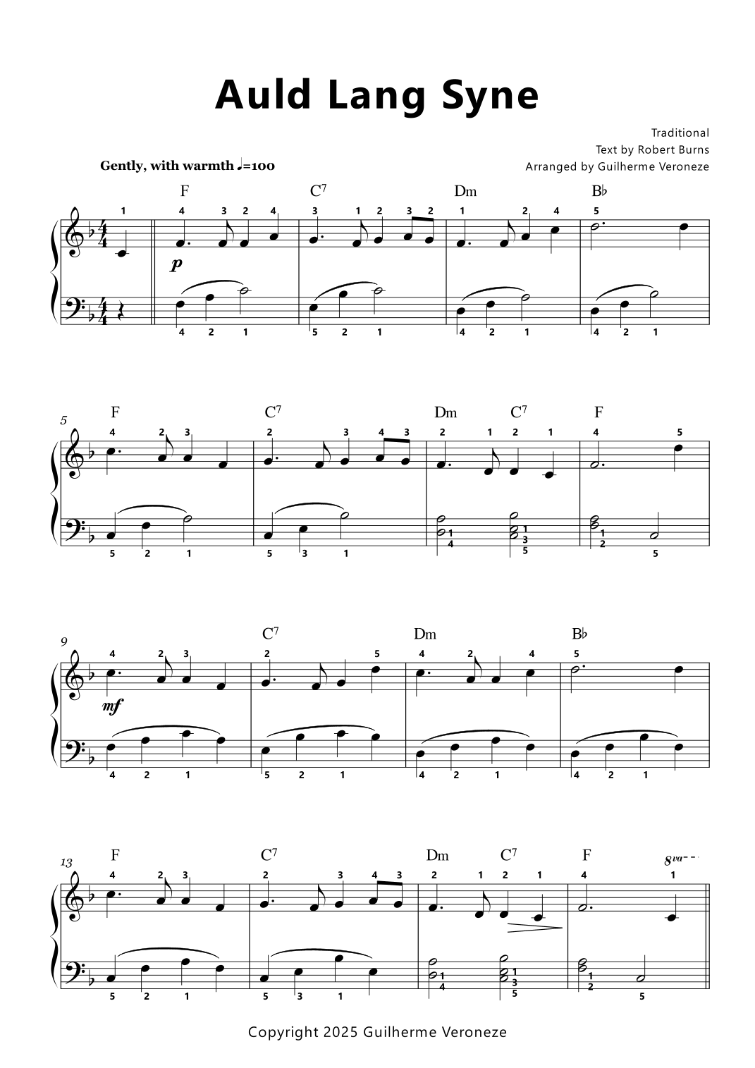 Auld Lang Syne (arr. Guilherme Veroneze) by Christmas Carol Sheet Music ...