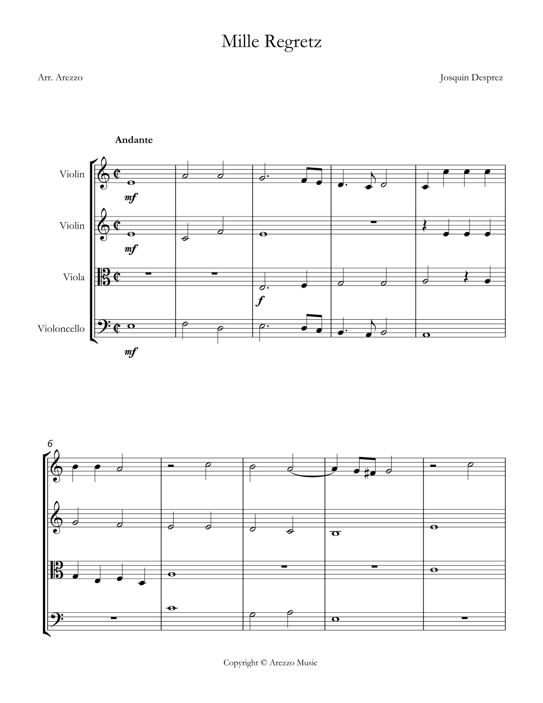 Josquin des Prez – Mille Regretz | String Quartet Sheet Music (arr ...