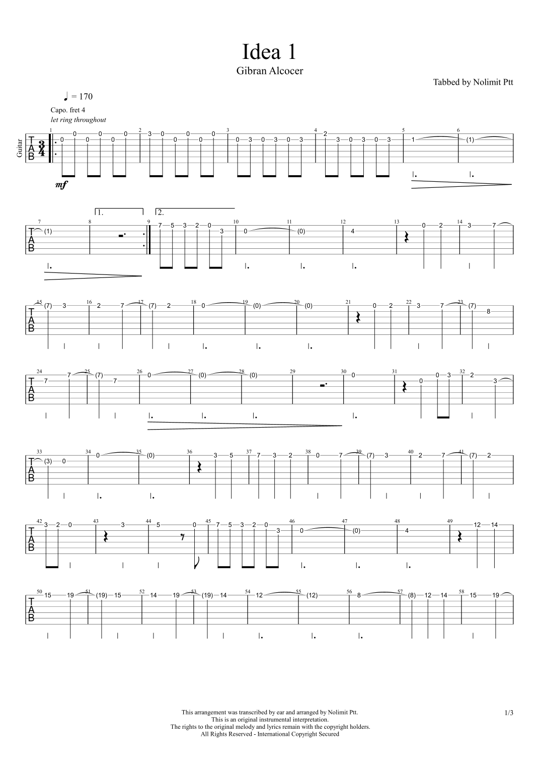 Idea 1 (arr. Righty) por Gïbran Alcocer Partituras para Tablatura Fácil ...