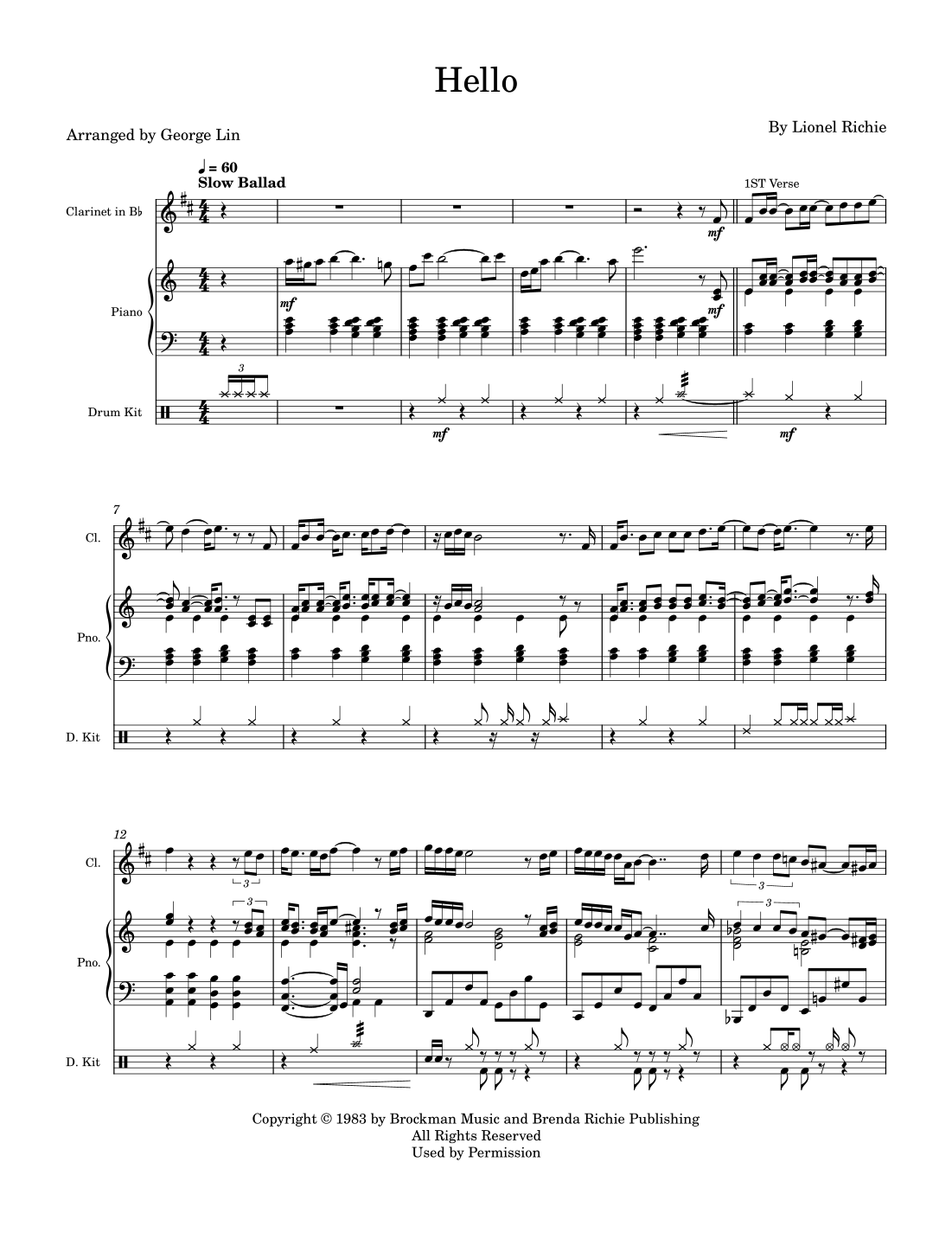 Hello (arr. George Lin by Lionel Richie Sheet Music for Clarinet and ...