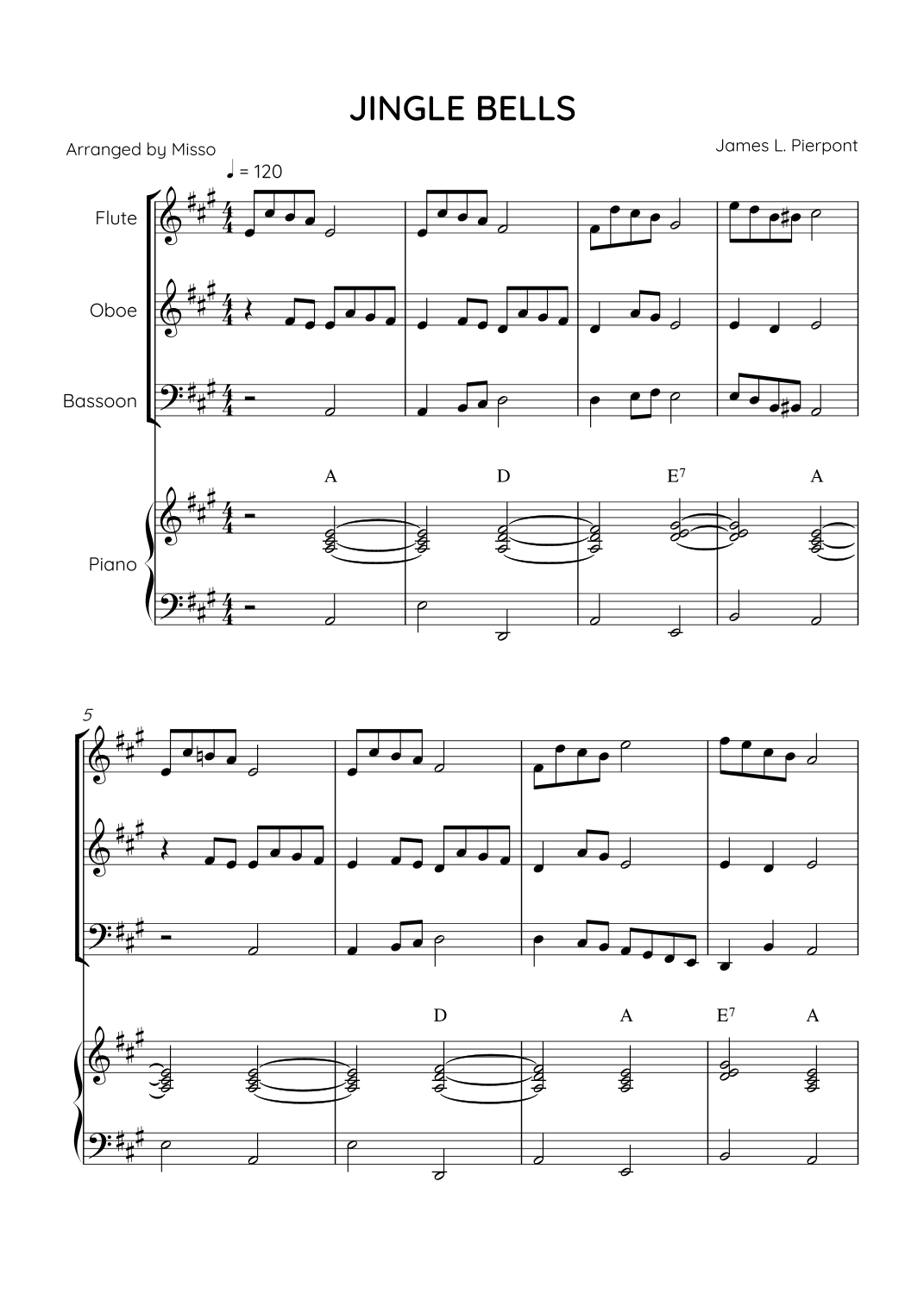 Jingle Bells - Flute, Oboe & Bassoon and Piano in A Major - Easy With Chords (arr. MissoRB) par ...