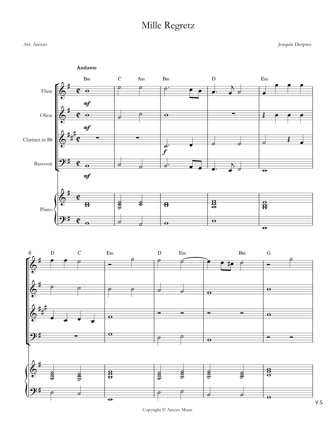 Josquin des Prez – Mille Regretz | Woodwind Quartet with Piano Sheet ...
