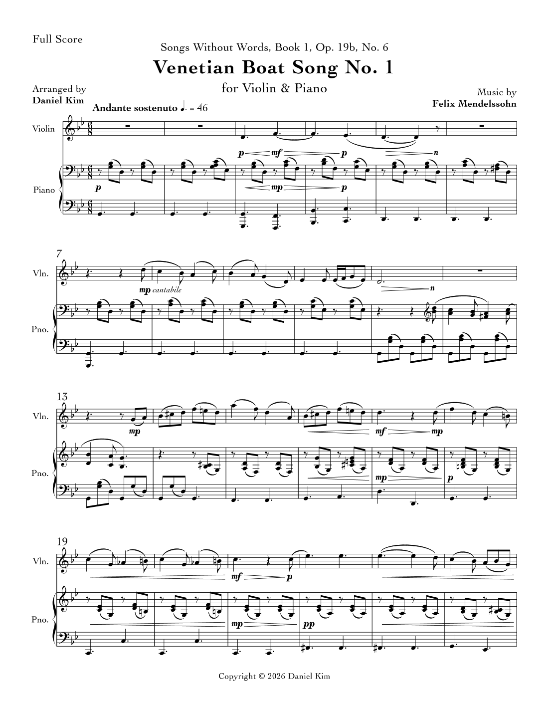 Venetian Boat Song No. 1 (Violin & Piano) (arr. Daniel Kim) by Felix ...