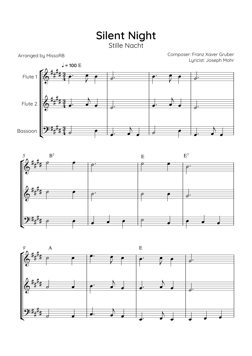 Silent Night" (Stille Nacht) - Duet Flute & Bassoon in E Major With ...