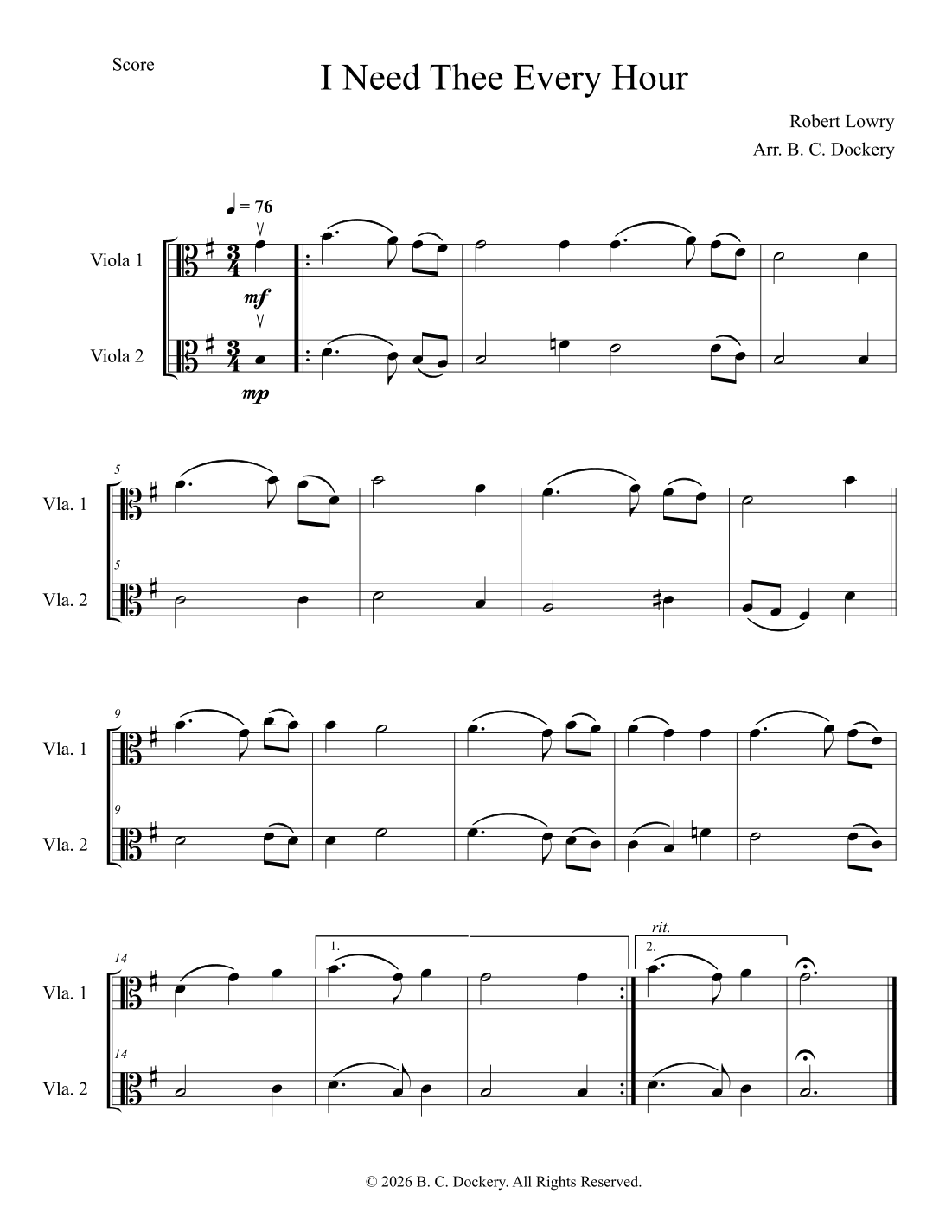 I Need Thee Every Hour (Viola Duet) (arr. B. C. Dockery by Robert Lowry ...