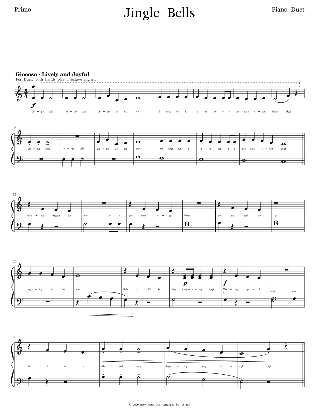 Jingle Bells (Piano Duet) - Four Hands (arr. AJ Tan) by Christmas Carol ...